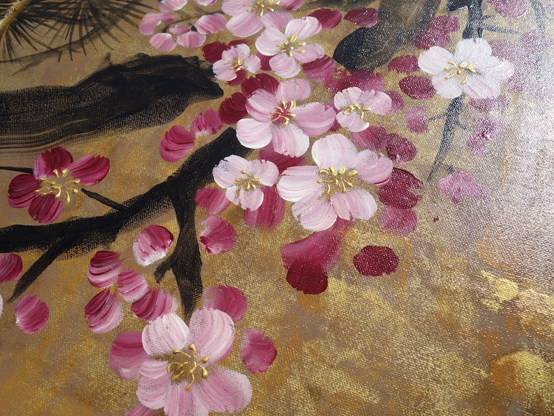 Japan Kunst Kirschblüte und Liebesvögel japanischen Stil Gemälde Bilder Acrylbilder gold ...