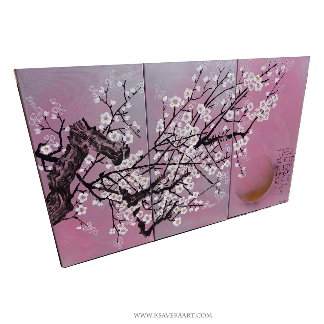Japanese Sakura J277 - Cherry Blossom Triptych - Large Original Acrylic Painting in Silver and ...