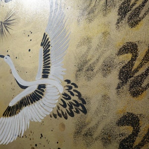 Kranich Sonne Japan Mandschurenkranich Goldene Originale Malerei japanische Kunst J113 Wandkunst ...