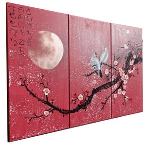 Japanese Sakura J399 - Himberry Red Triptych, Original Art, Cherry Blossoms, Japanese Style ...