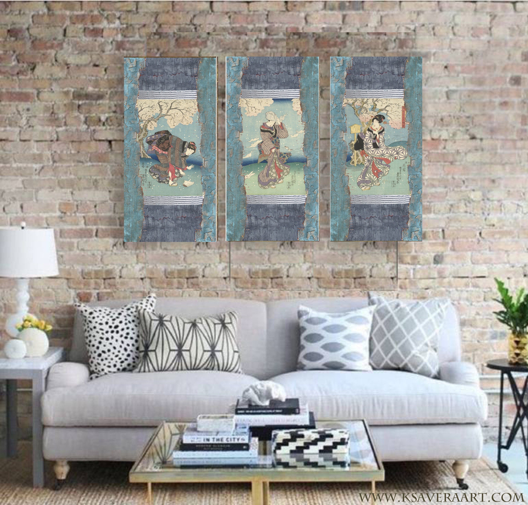 Japanese textured triptych Japan art Collage - Stormy day on the Sumida ...