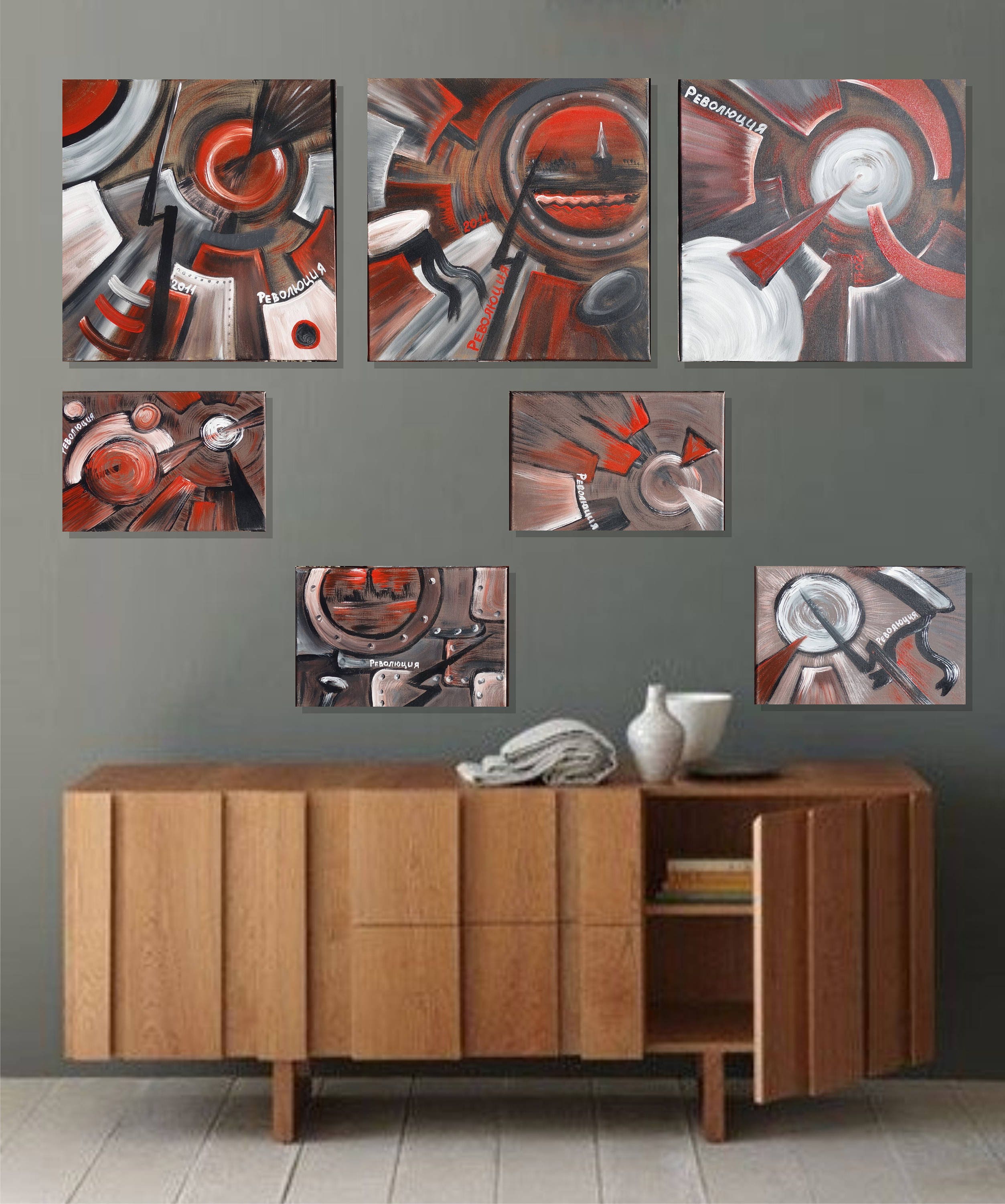 Set of 7 paintings REVOLUTION abstract Avant garde Russian art Original ...
