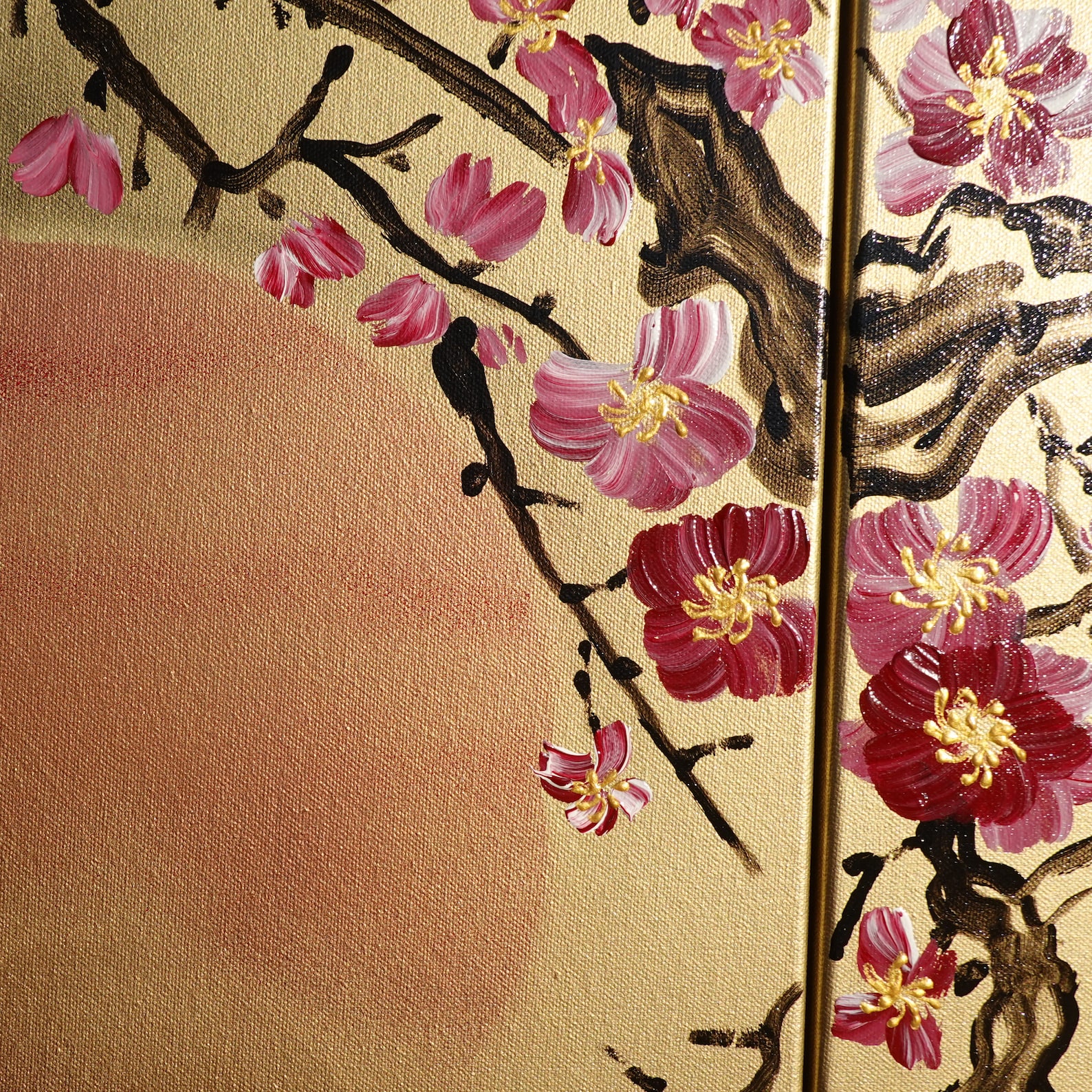 Japan Kunst Kirschblüte und Sonne japanisches Gemälde Bilder J205 Acrylbilder gold Wandkunst ...