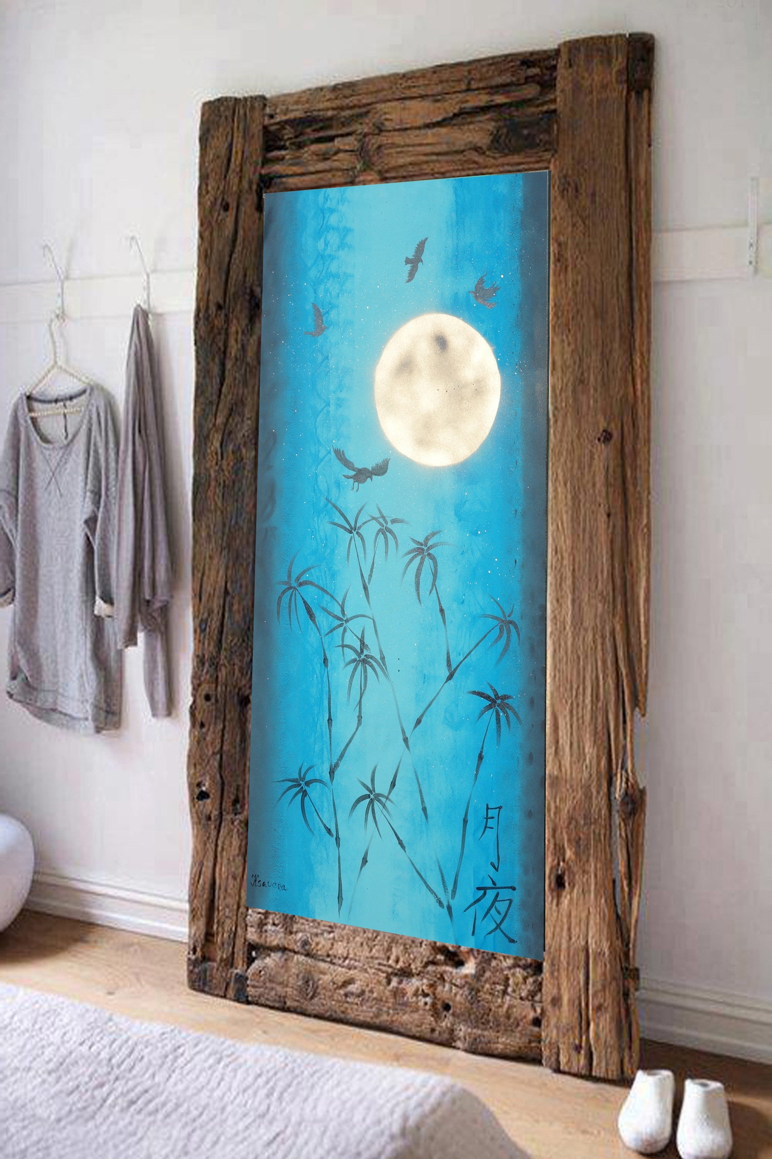 Blue Painting Moonlight Night Moon Zen Japanese Style 80x160 Cm ...