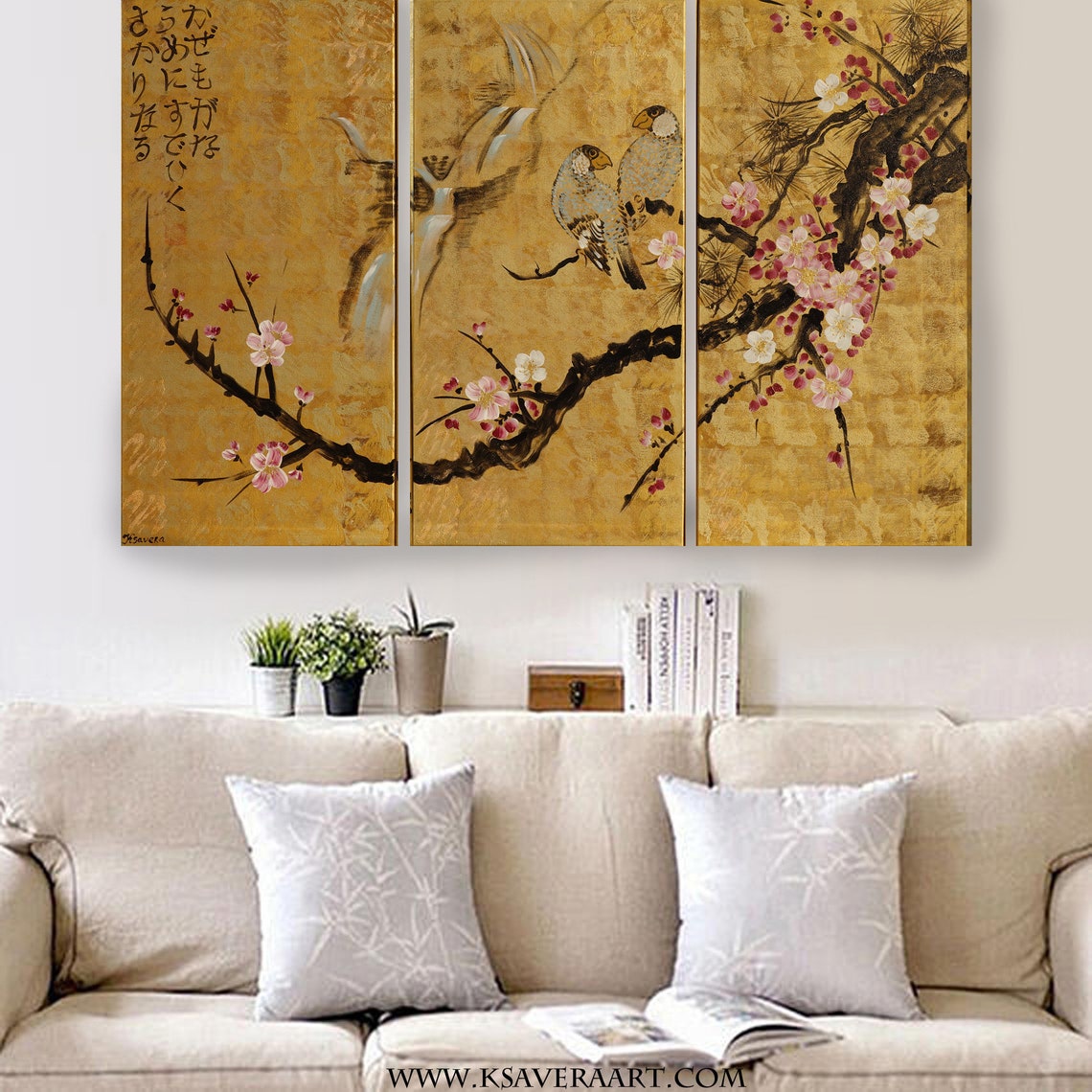 Japan Kunst Kirschblüte und Liebesvögel japanischen Stil Gemälde Bilder Acrylbilder gold ...