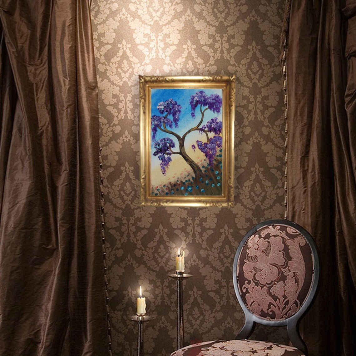 Violet Oak Painting Tree Original Small Art 1 KSAVERA 8x12 Flowers ...