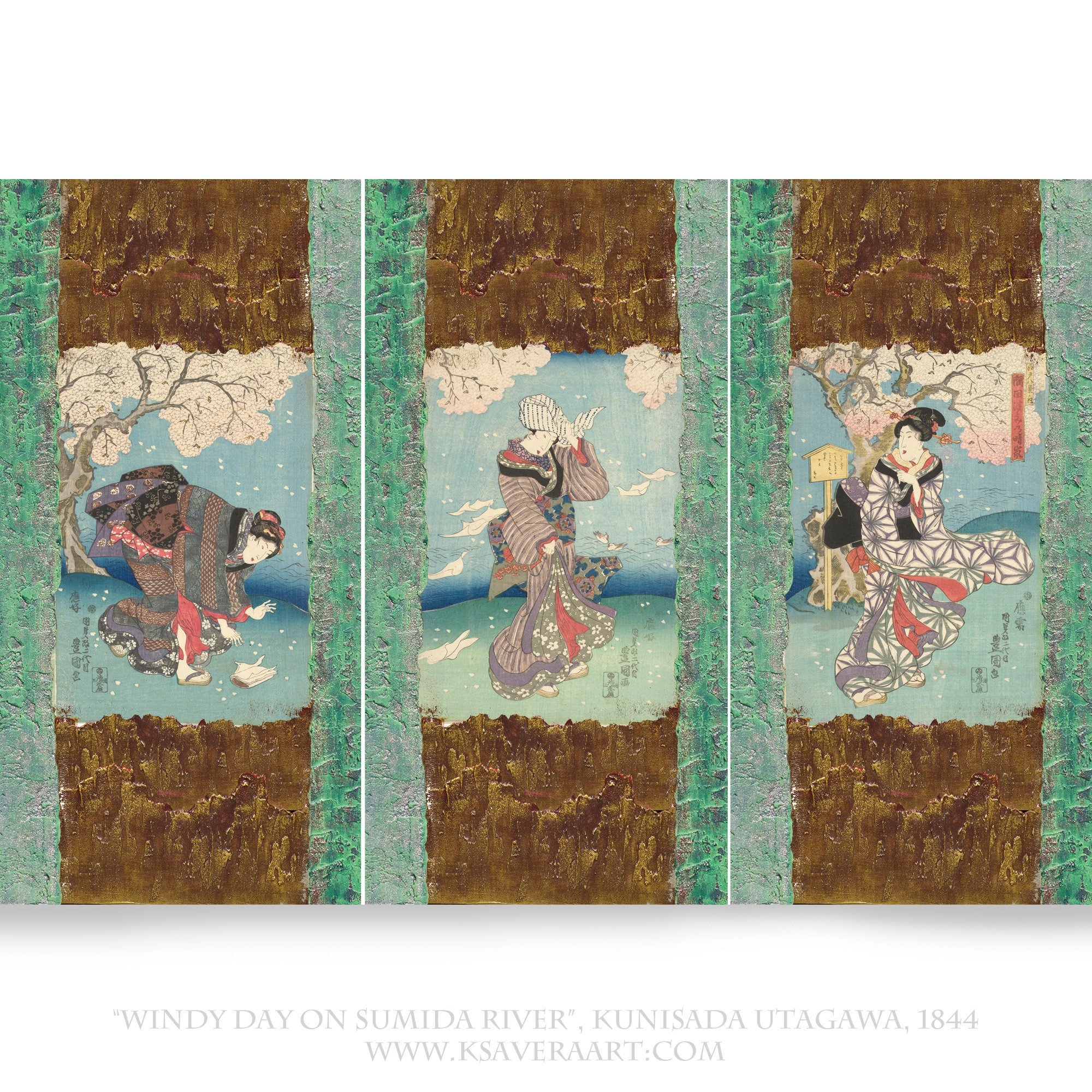 Japanese textured triptych Japan art Collage - Stormy day on the Sumida ...