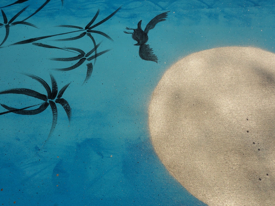 Blue Painting Moonlight Night Moon Zen Japanese Style 80x160 Cm ...