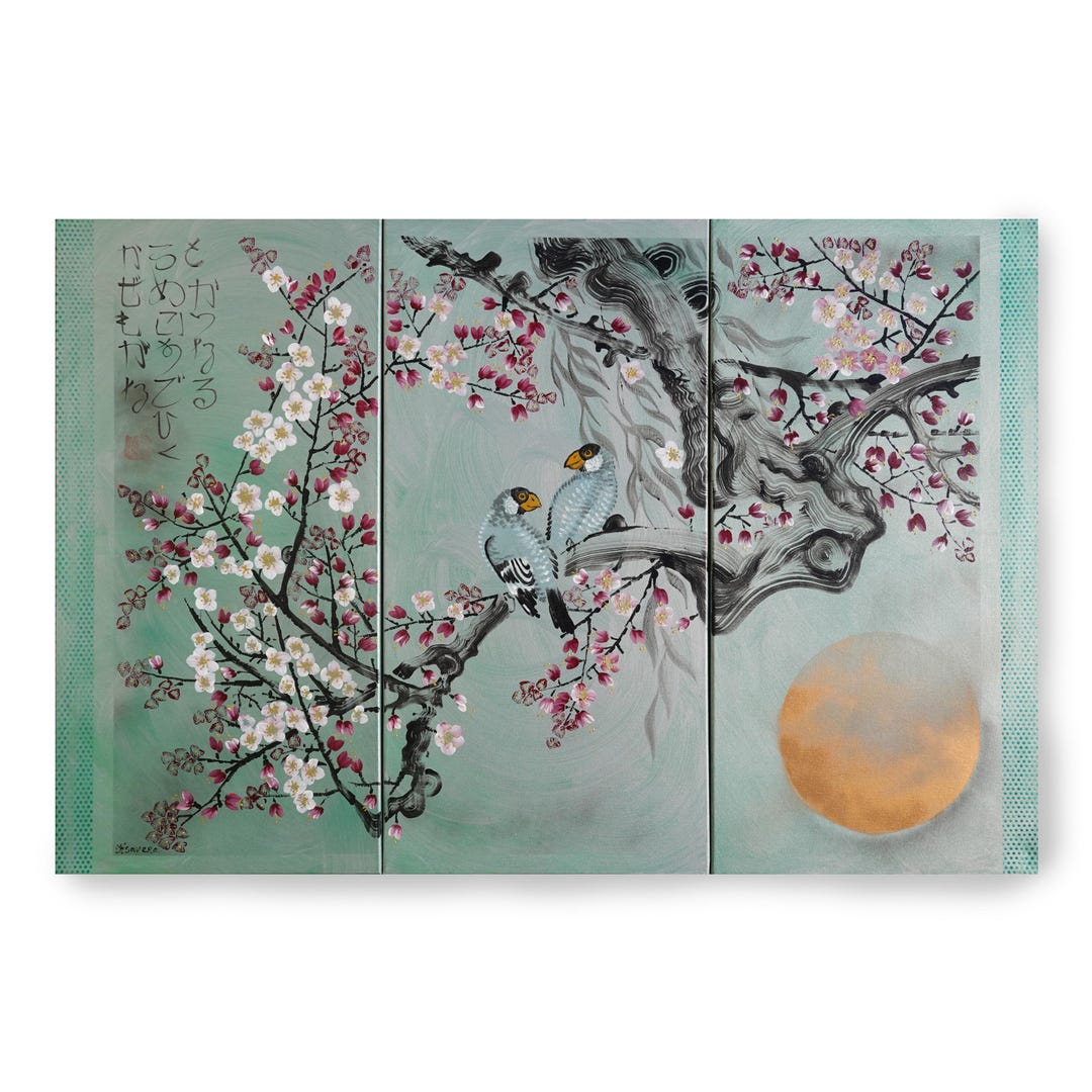 Japanese Sakura J289 - Silver Green Triptych, Original Acrylic Painting, Japanese Style ...