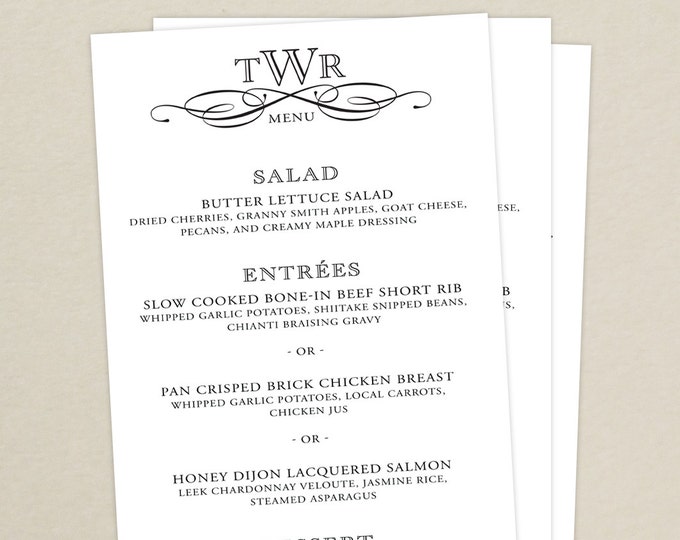 Monogram Wedding Reception Dinner Menu Modern Menu Card Monogram ...