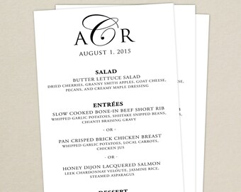 Wedding Reception Dinner Menu Modern Menu Card Monogram | Etsy