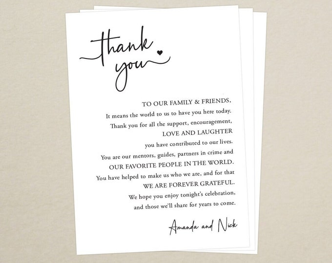 Printed Wedding Reception Thank You Card Personalized Thank You Card ...
