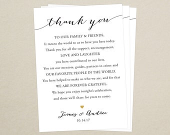 Printed Wedding Reception Thank You Card Personalized Thank You Card ...