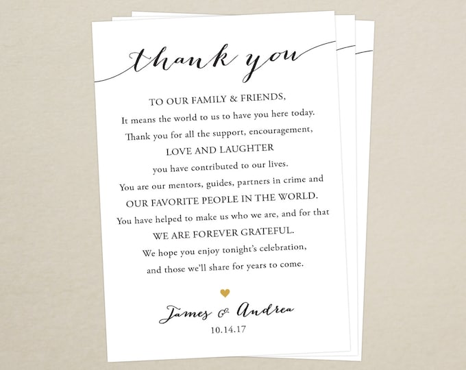 Printed Wedding Reception Thank You Card - Personalized Thank You Card ...