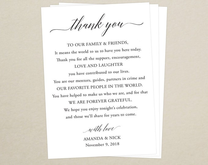 Printed Wedding Reception Thank You Card - Personalized Thank You Card ...