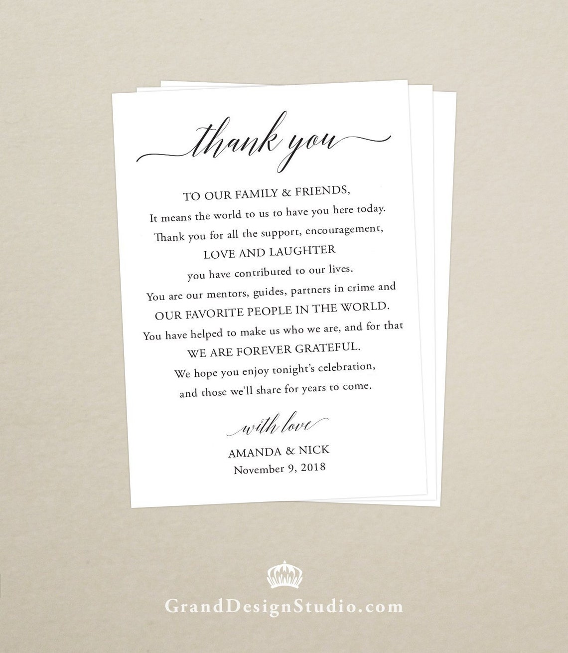 Printed Wedding Reception Thank You Card - Personalized Thank You Card ...