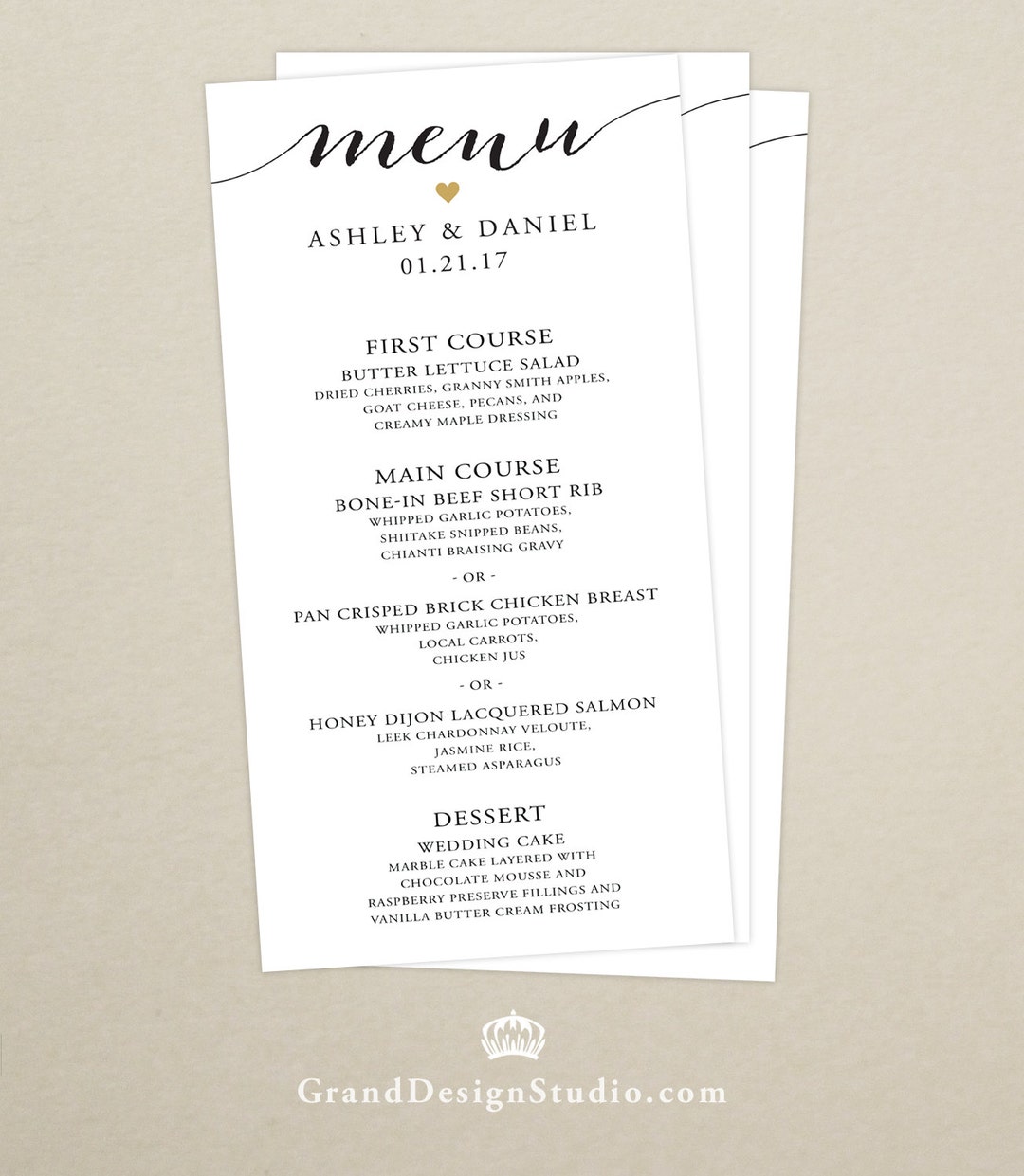 Wedding Reception Dinner Menu Card - Handwritten Script - Personalized ...