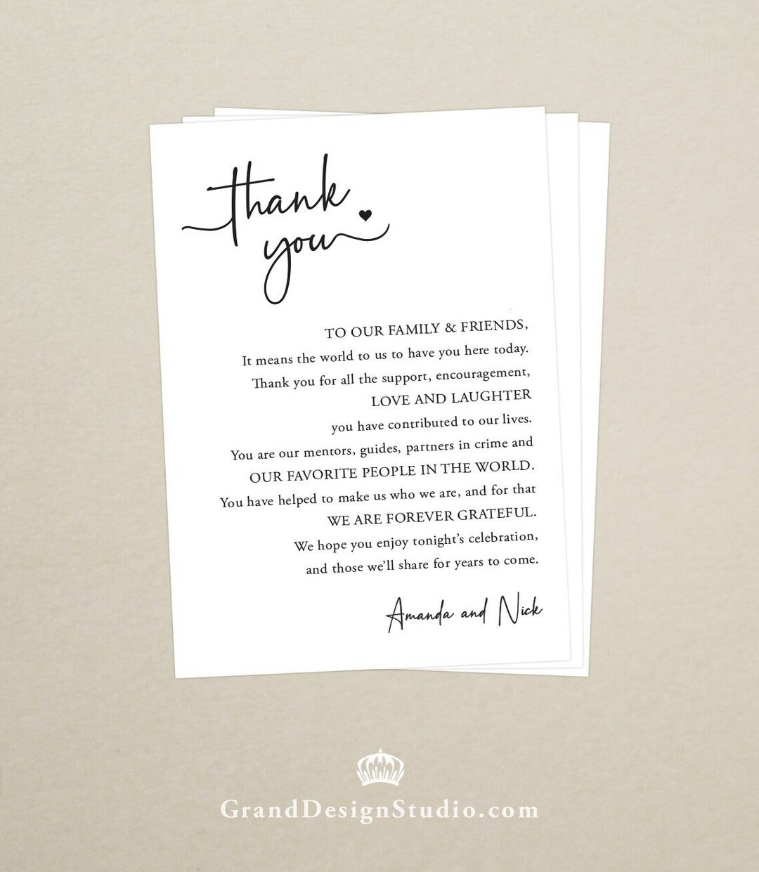 Printed Wedding Reception Thank You Card - Personalized Thank You Card ...
