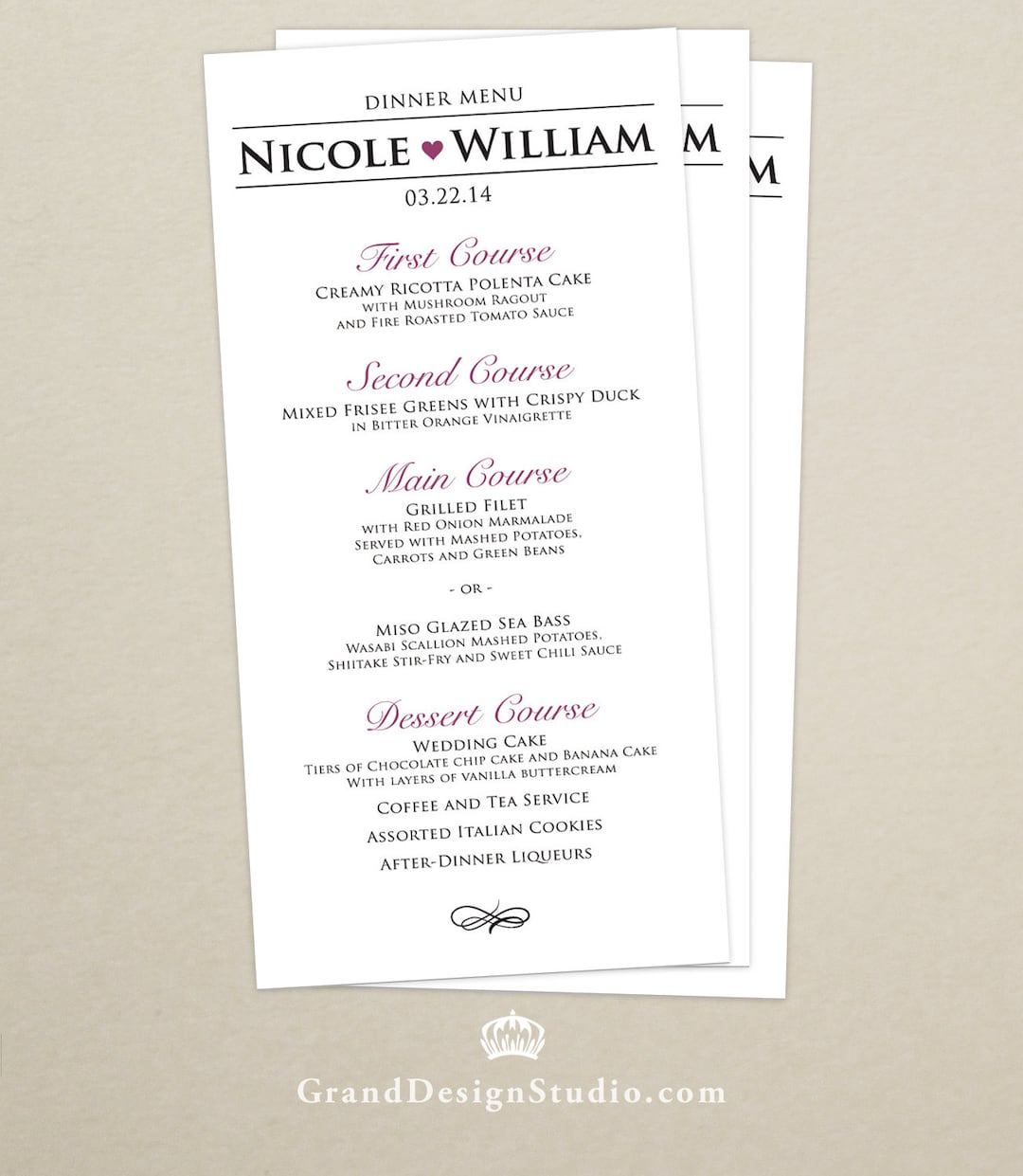 Wedding Reception Dinner Menu Modern, Heart Personalized Wedding Menu ...