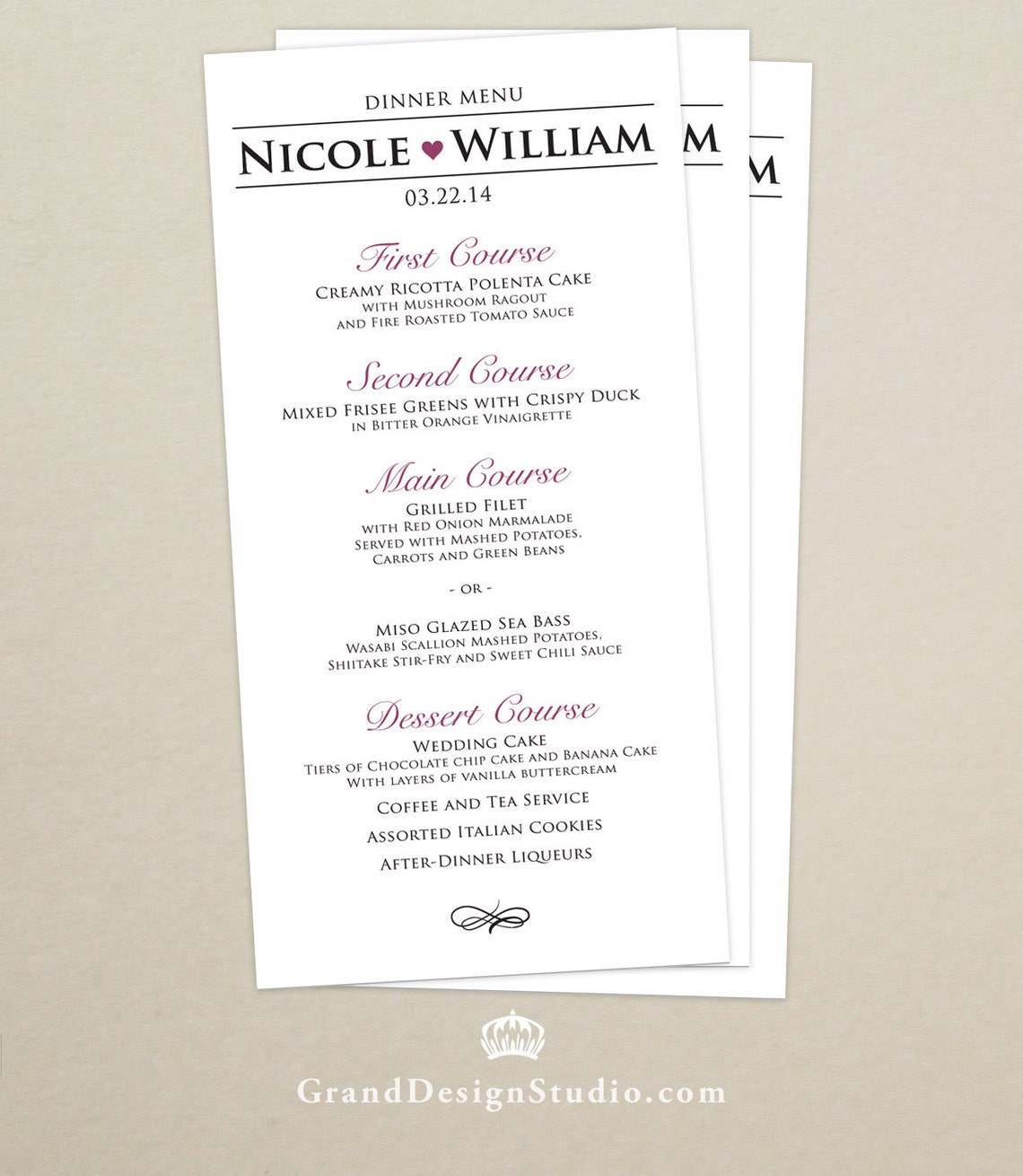 Wedding Reception Dinner Menu Modern Heart Personalized - Etsy