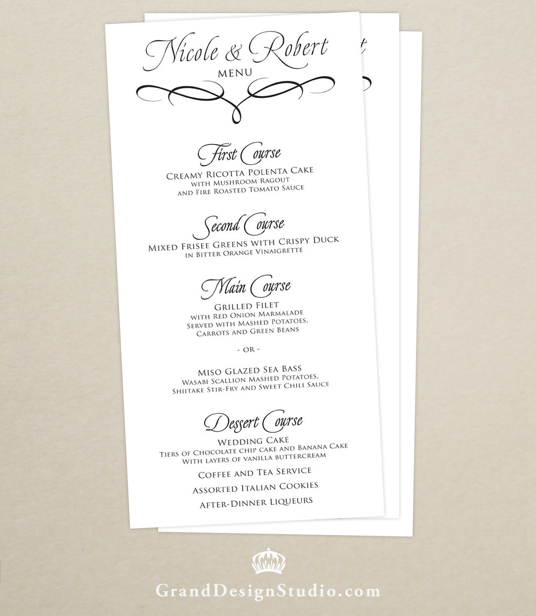 Wedding Reception Dinner Menu Elegant, Script, Classic Personalized ...