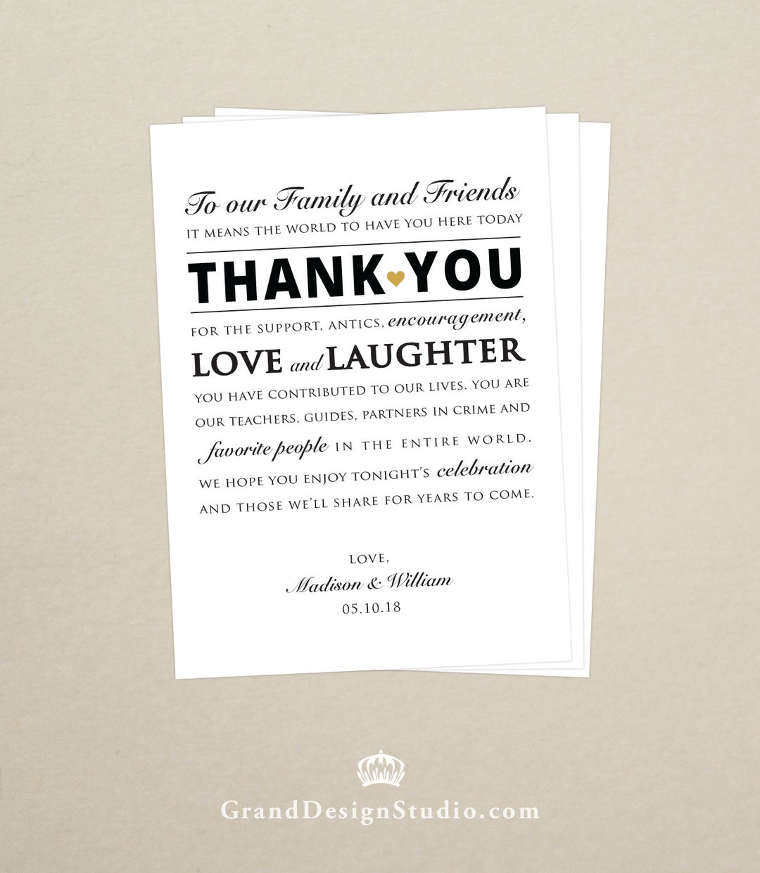 Printed Wedding Reception Thank You Card - Personalized Thank You Card ...
