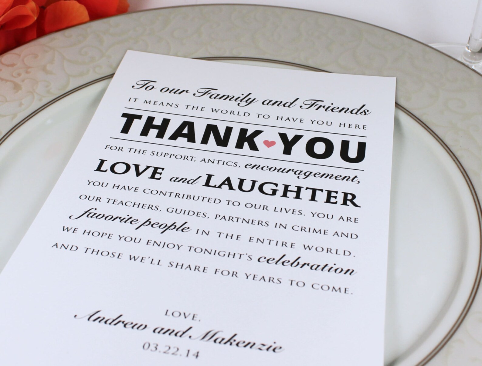 Printed Wedding Reception Thank You Card - Personalized Thank You Card ...