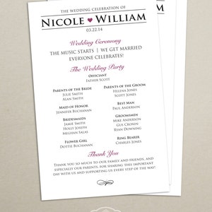 Modern Wedding Program - Single-sided Flat Program - Personalized ...