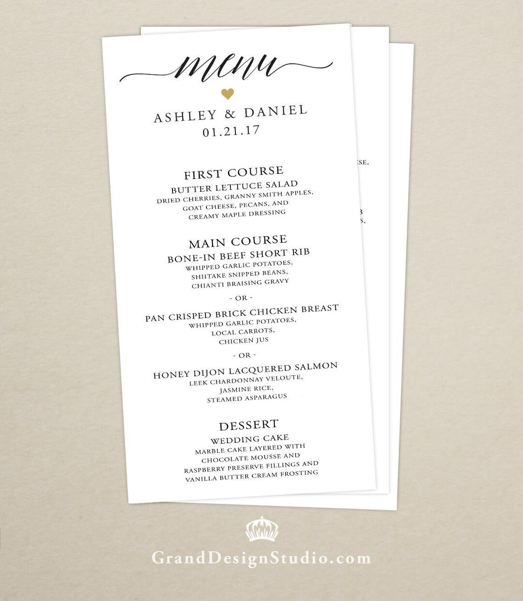 Wedding Reception Dinner Menu Card Handwritten Script Personalized ...