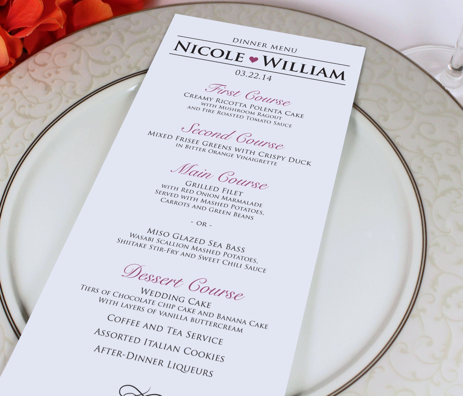 Wedding Reception Dinner Menu Modern Heart Personalized | Etsy