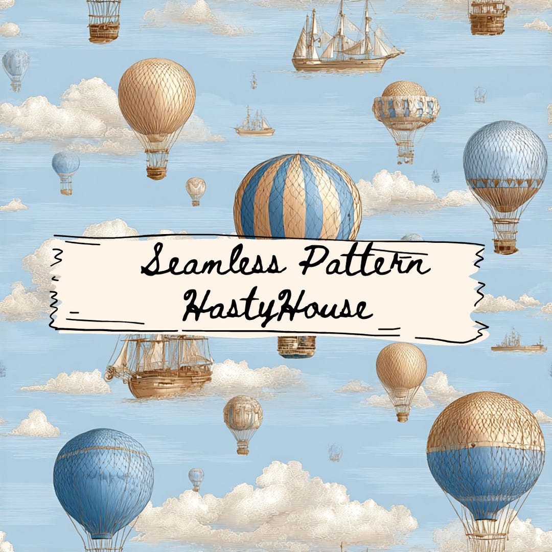 Vintage Hot Air Balloon Seamless Pattern PNG for Baby Boy Nursery | Sky ...