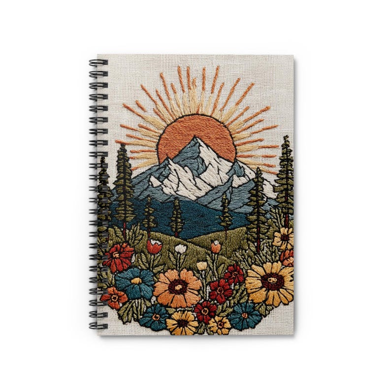 Boho Mountain Sunrise Spiral Journal, Wildflower FAUX Embroidery Style ...