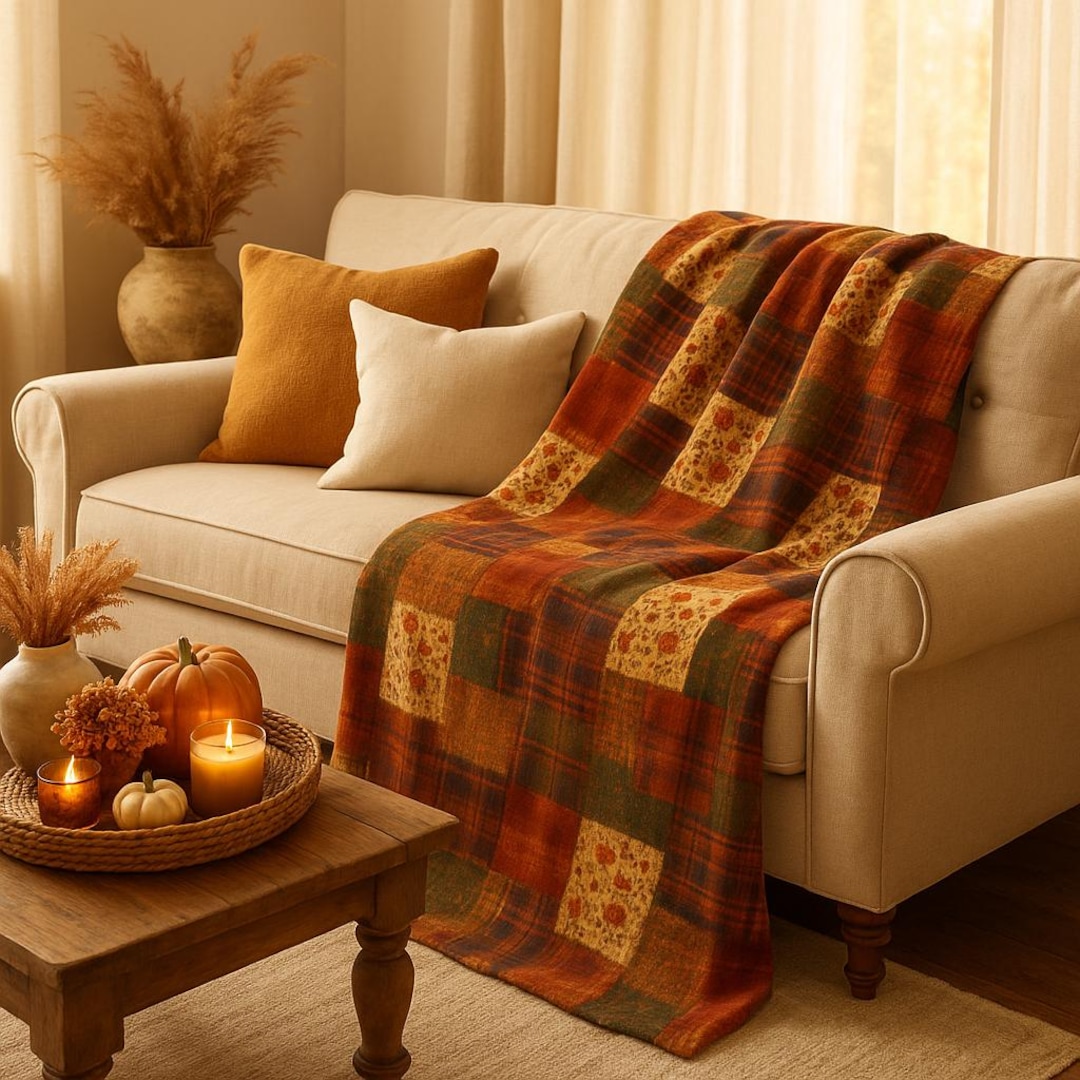 Fall Printed Patchwork Quilt Style Plush Blanket, Rustic Autumn Plaid ...