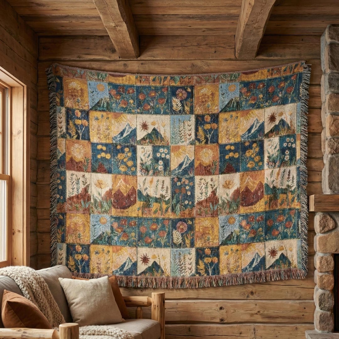 Mountain Landscape Woven Wall Tapestry, Boho Scenic Textile Art ...