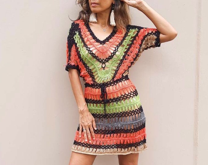 Bohemian Crochet Dress,colorful Crochet Dress,hippie Crochet Dress ...