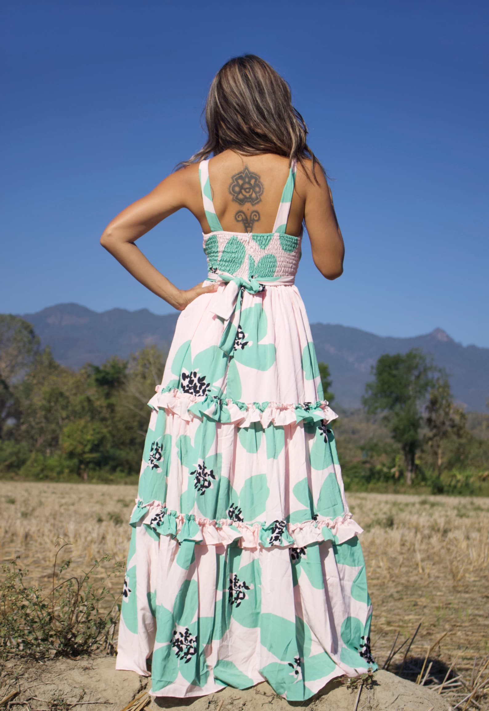 Boho Flora Printed Maxi Dress,boho Women's Dresses,pink Flora Maxi ...