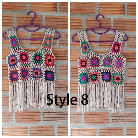 Hand Knitted Flower Crochettank Tops With Fringe. Black or | Etsy