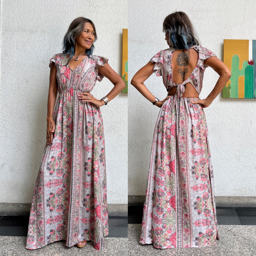 Boho Floral Printed Maxi Dress,kaftan Flora Dress,backless Maxi Dress ...