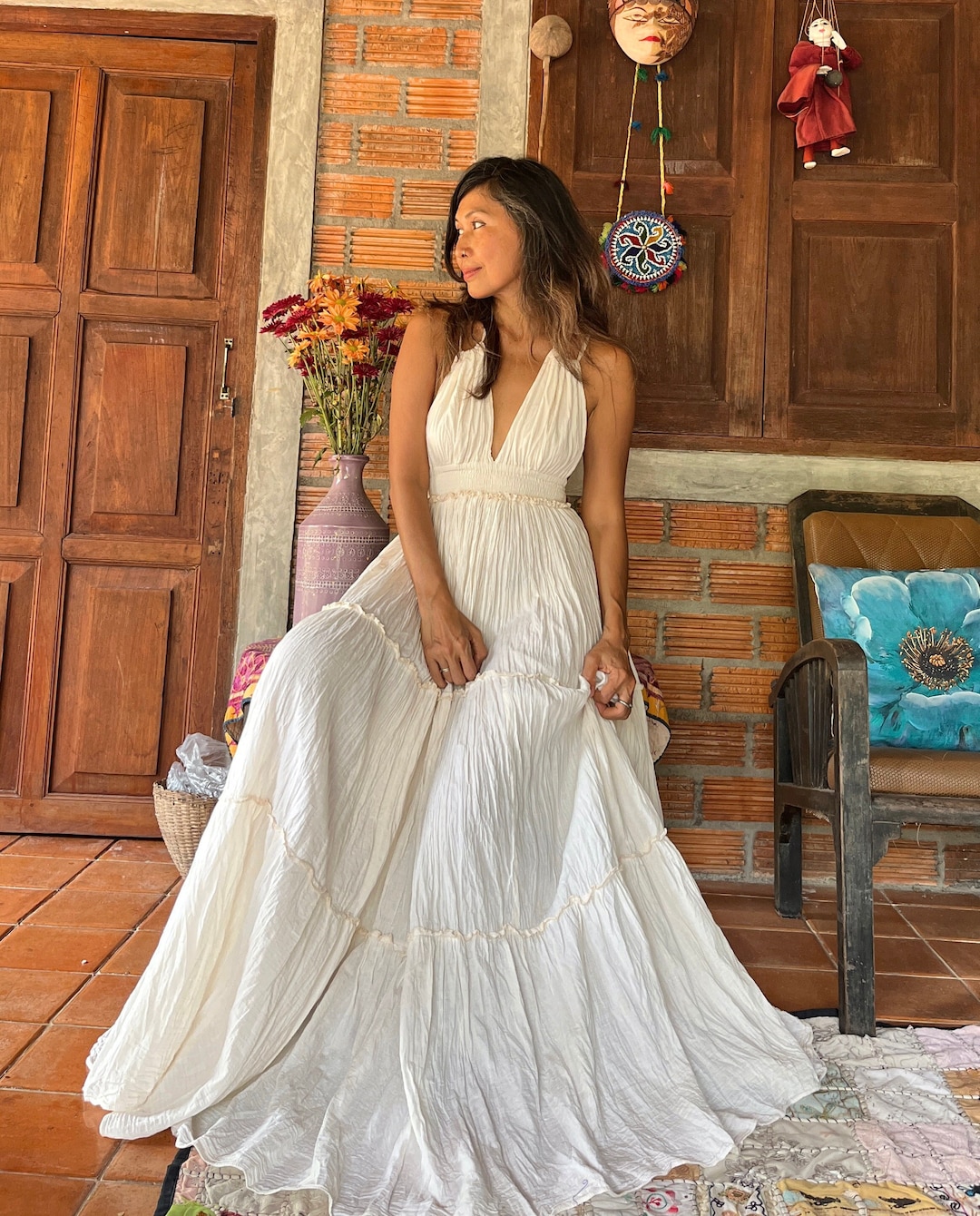 Boho Cotton Halter Maxi Dressboho Wedding Dressdeep V - Etsy