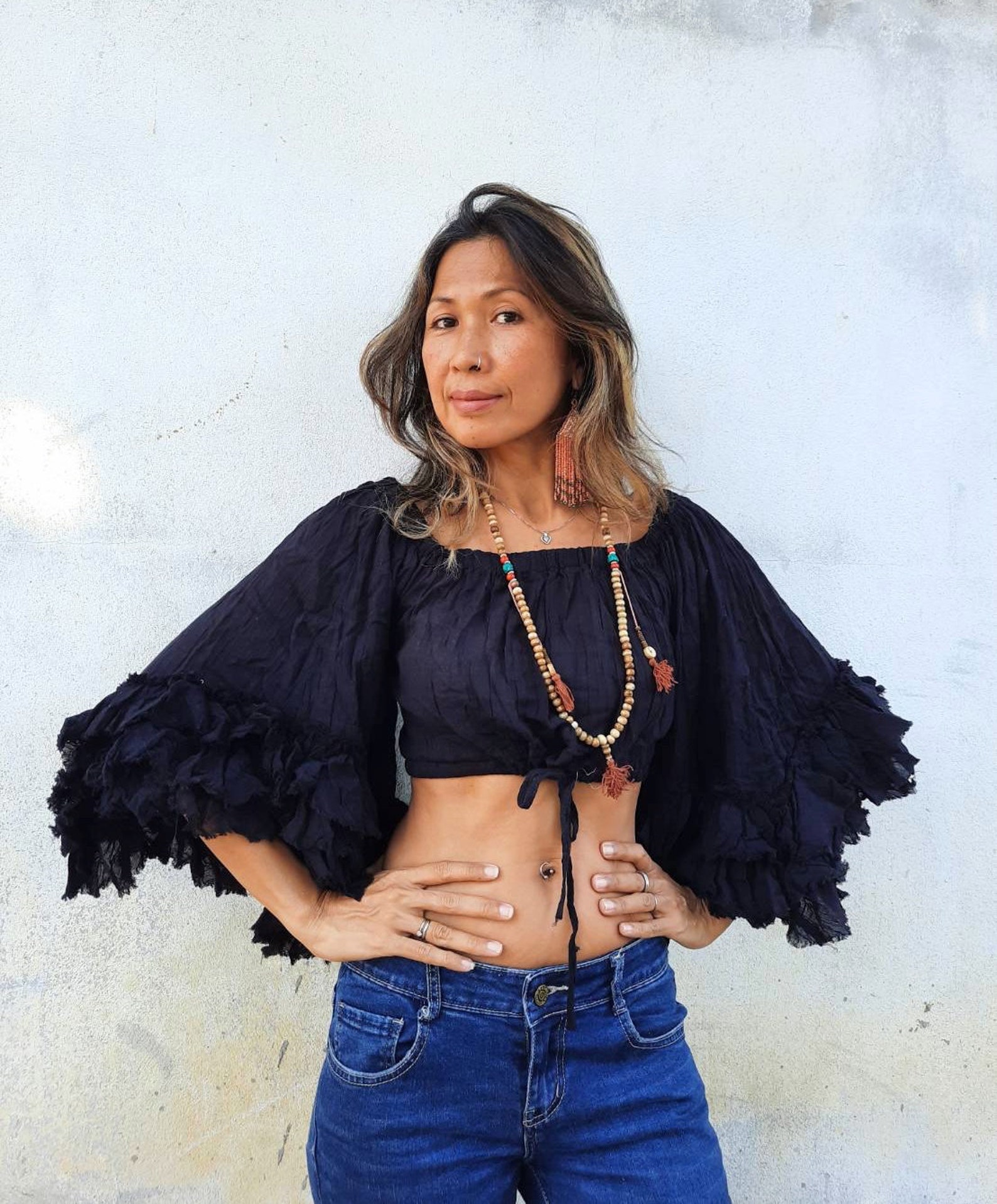 Handmade Cotton Crop Top/angle Sleeves Crop Top,gypsy Ruffled Sleeves ...