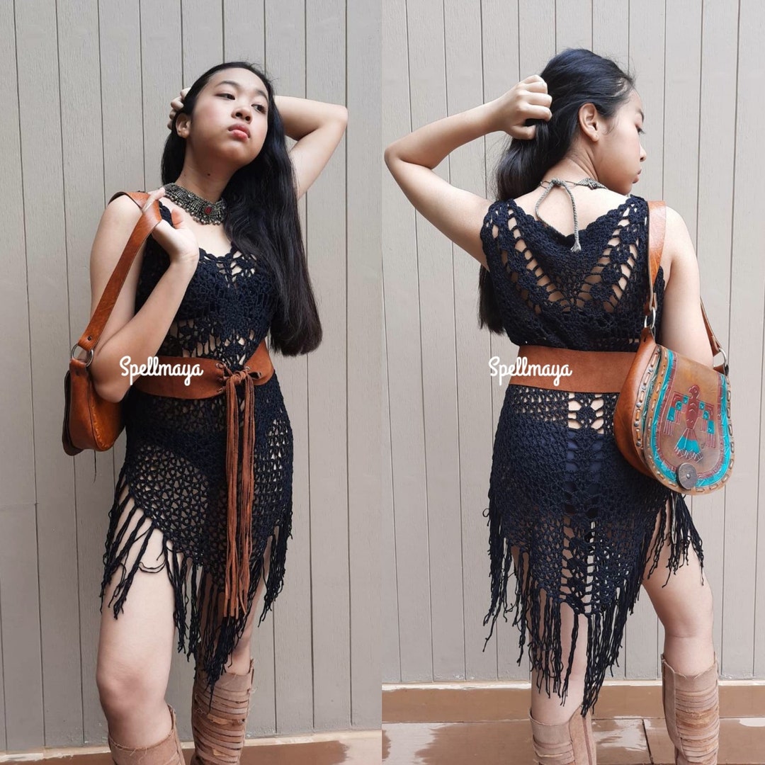 Cross Crochet Boho Dress With Long Fringe/ White, Beige,brown Crochet ...