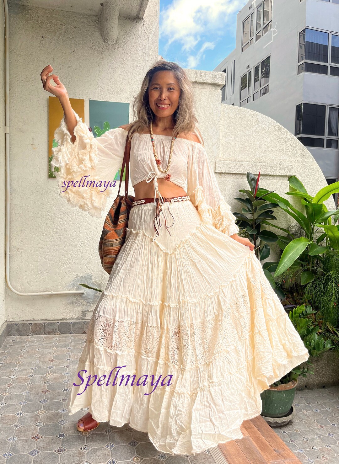 Boho Cream 2 Piece Set Crop Topskirt,cotton Lace Trim Maxi Skirt ...