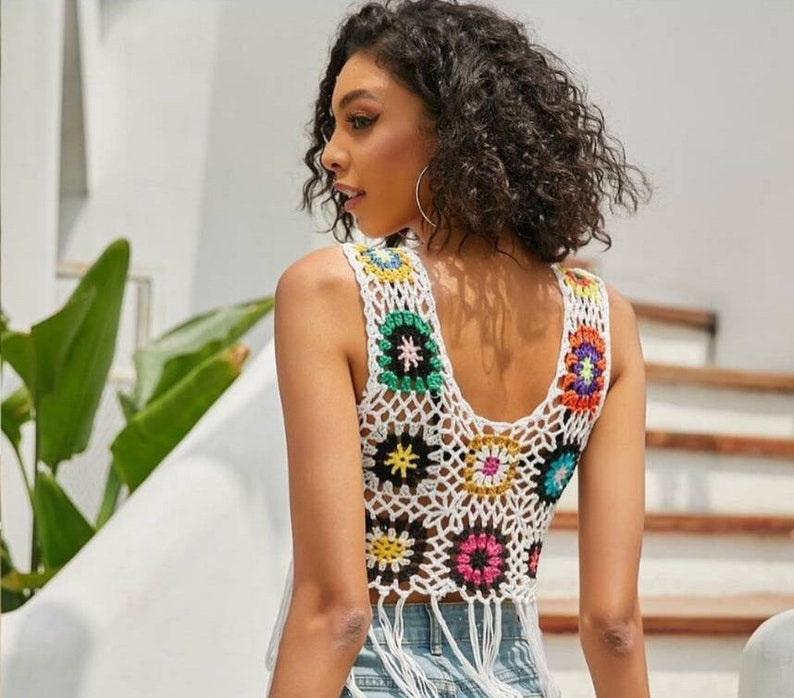 Hand Knitted Flower Crochettank Tops With Fringe. Black or - Etsy