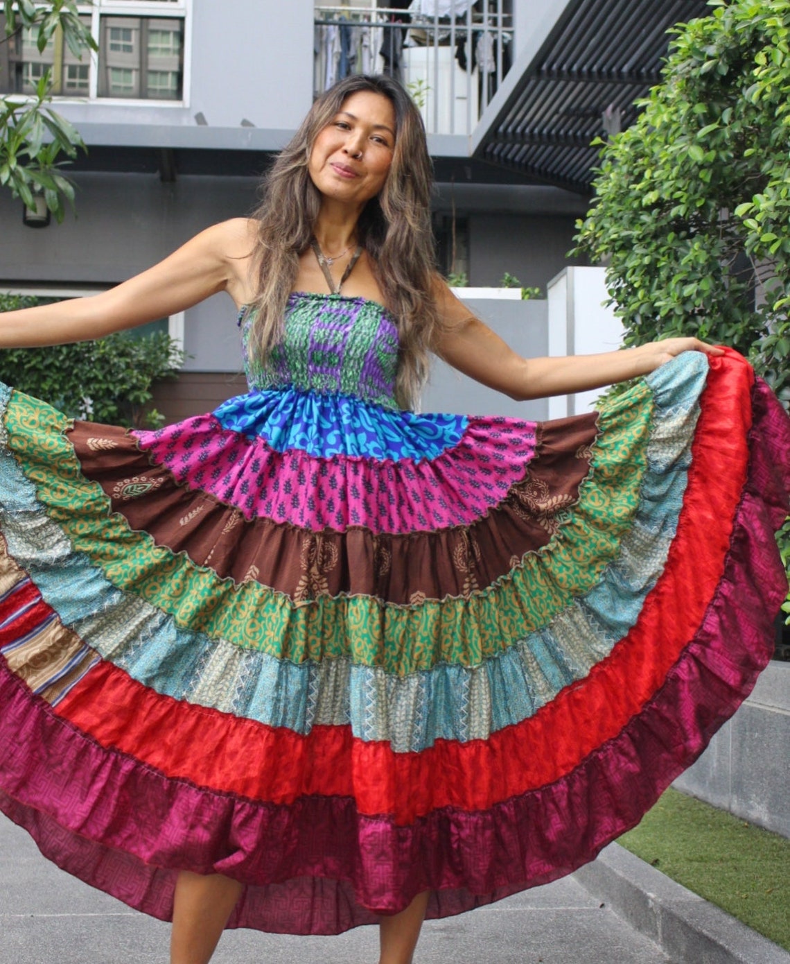 Boho Silk Sari 7 Tiered Smocked Skirtgypsy Belly Dance Long - Etsy