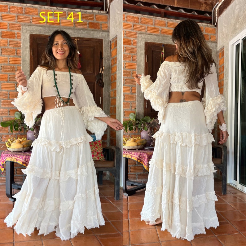 Boho Ruffled Set Crop and Skirt,boho Wide Sleeve Blouse and Ruffled ...