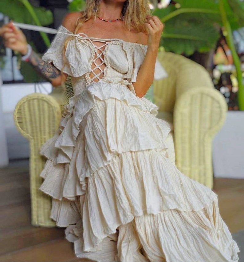 Bohemian Lace up Wedding Dressboho Ruffle Smocked Maxi Dress - Etsy