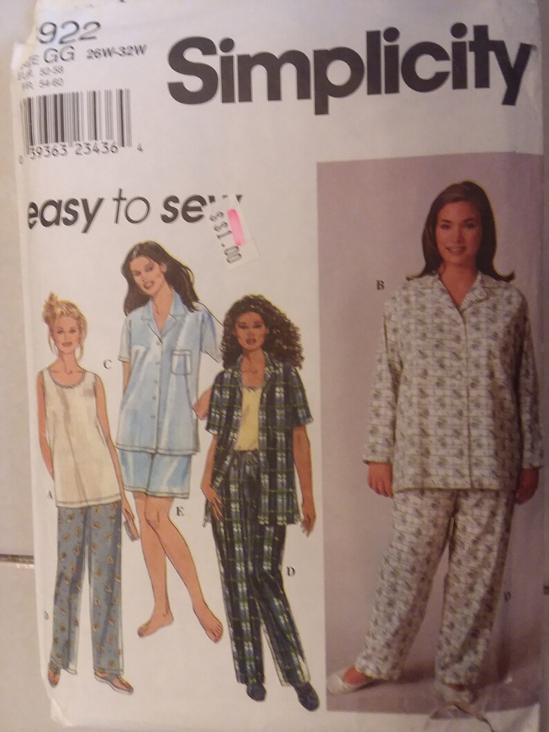 Simplicity Pajama Pattern 8922 Size: 26W-32W Bust - Etsy