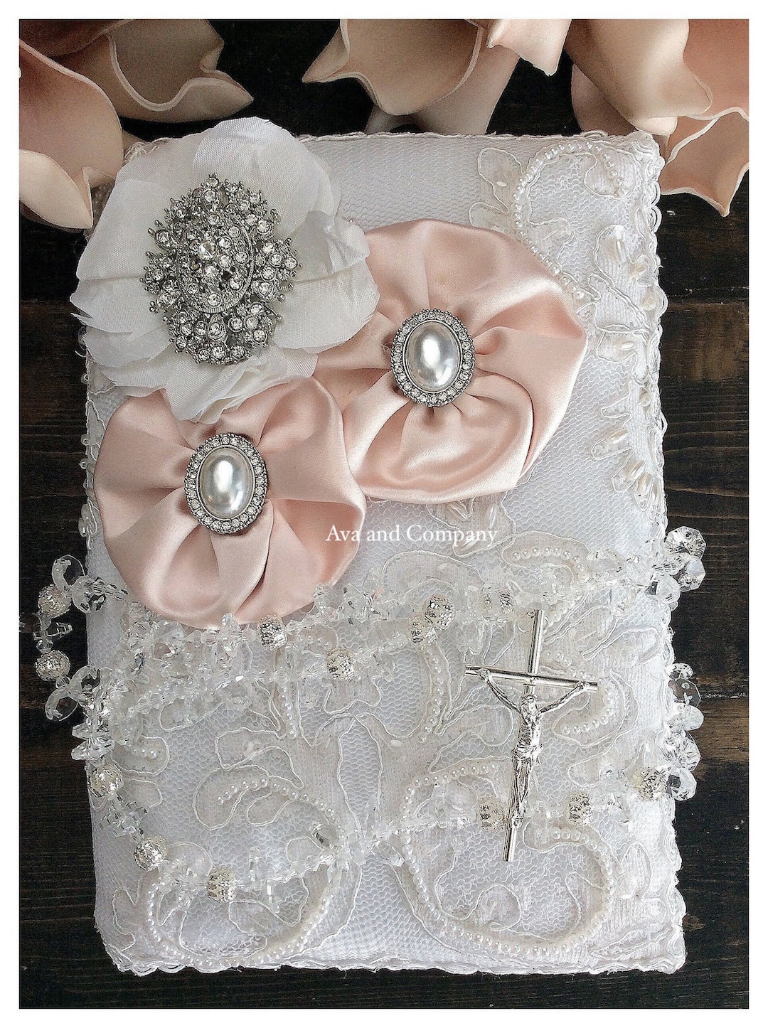 Blush White Wedding Bible, Catholic Bible White Flowers, Wedding Bible ...