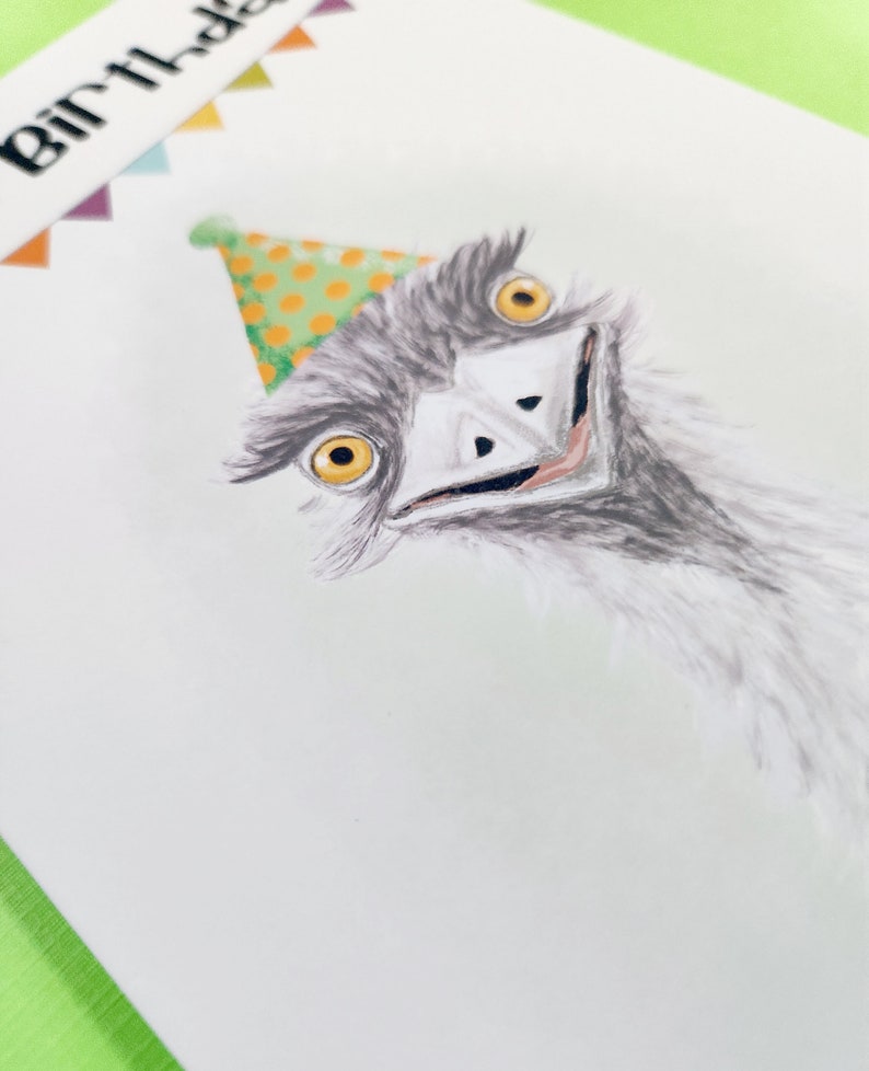 Emu Bird, Happy Birthday Card, Hand Drawn, Grey and White, 5x7 Greeting ...