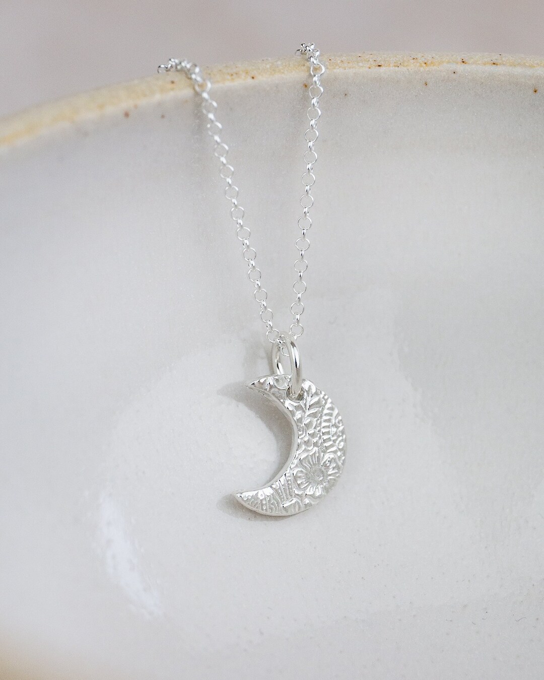 Sterling Silver Small Moon Textured Pendant Necklace - Etsy